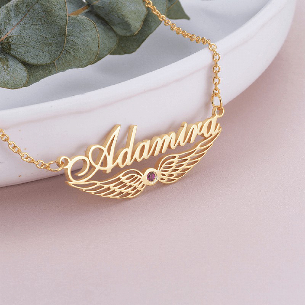 Angel Wing Name Necklace with Birthstone PW937 - Necklace - PromiseIn