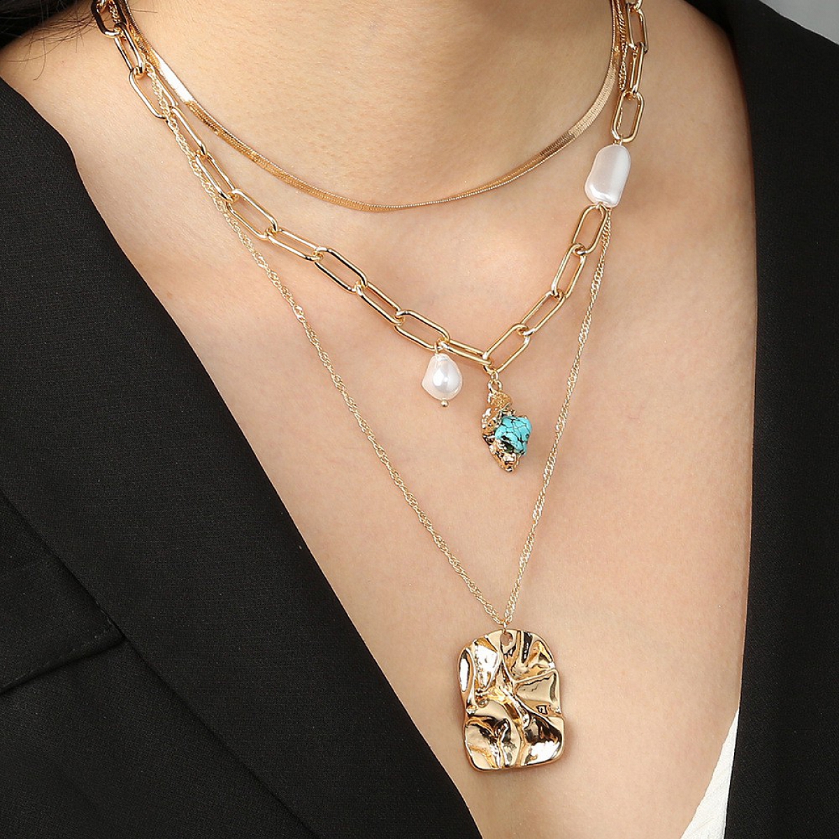 Multi - layered turquoise pearl pendant sweater chain PWB184 - Necklace ...