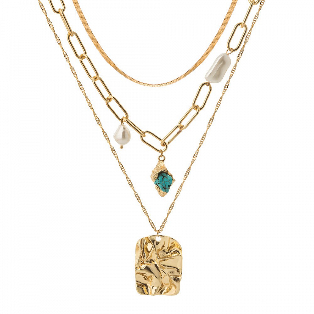 Multi - layered turquoise pearl pendant sweater chain PWB184 - Necklace ...